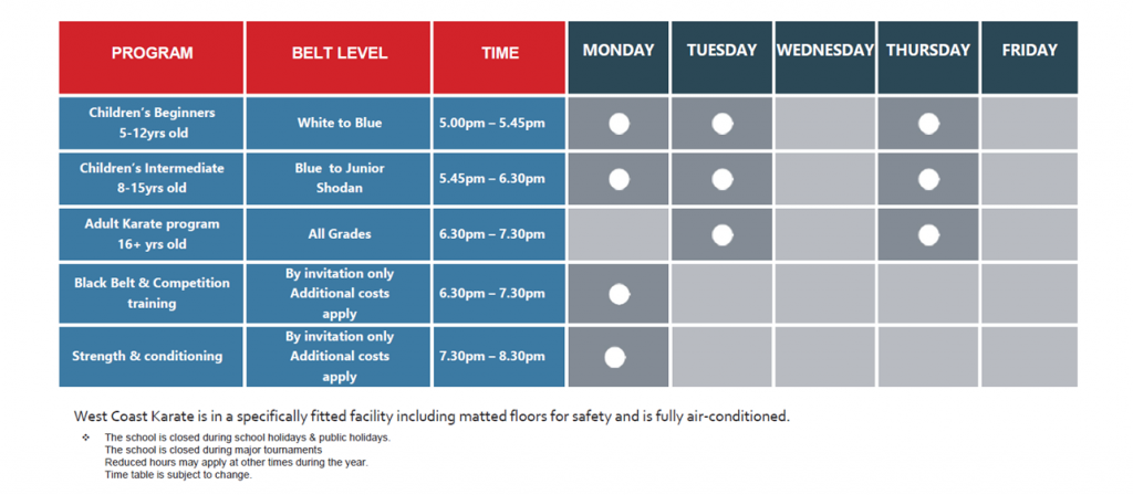 Timetable – West Coast Karate